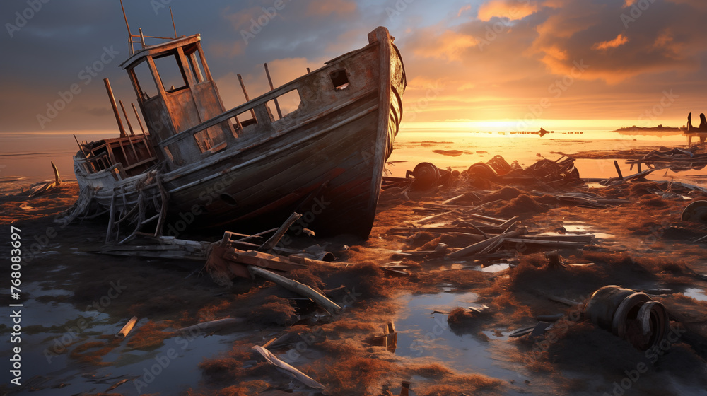 old boat on the beach, An HD capture of a shipwreck aftermath: two ...