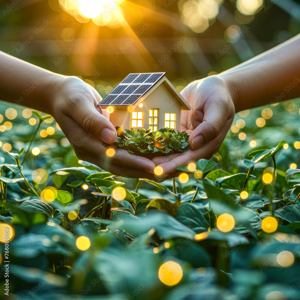 Two hands hold a miniature house with solar panels amidst vibrant green ...