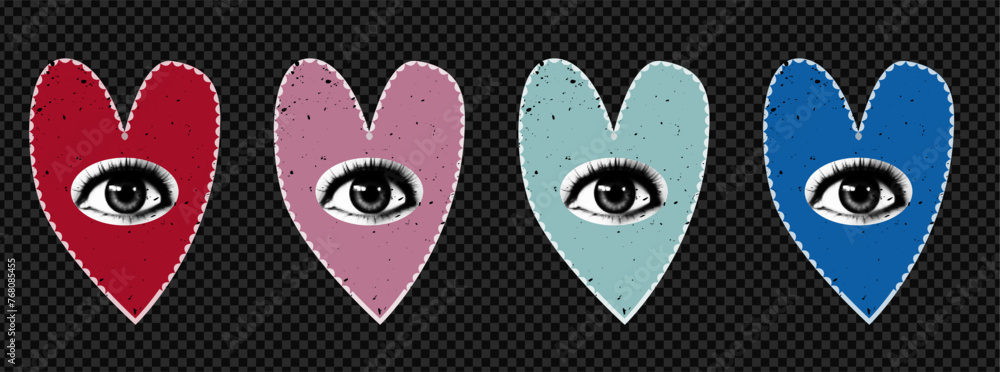 Set of collage elements of hearts. Valentine's day art with eyes ...