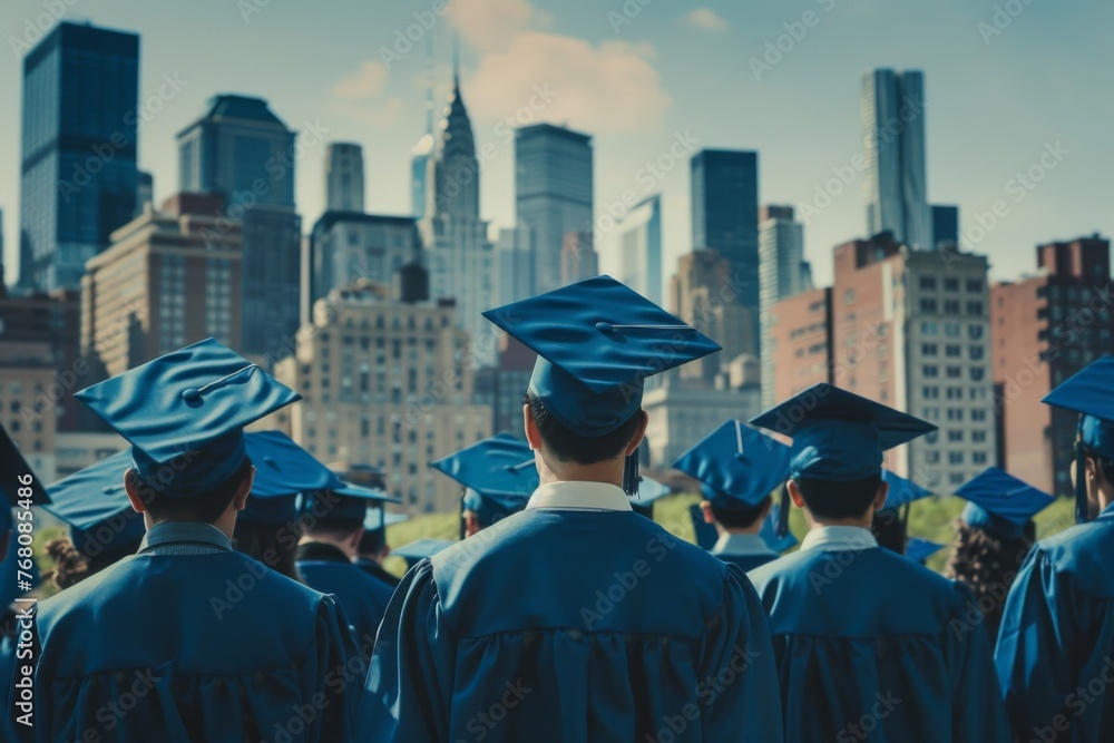 A group of students wearing caps and gowns during their graduation ...