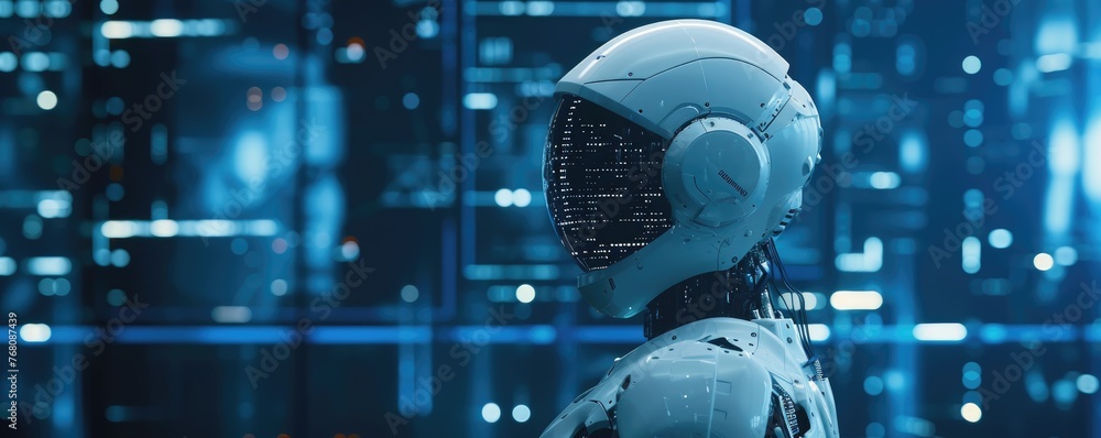 Side view of amazing humanoid head representing future technology and artificial intelligence ...