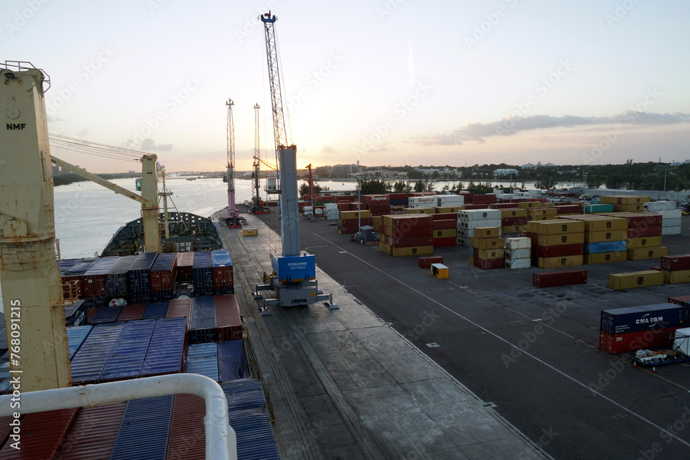 Nassau, Bahamas 12 03 2023: Container ship equipped with cranes during ...