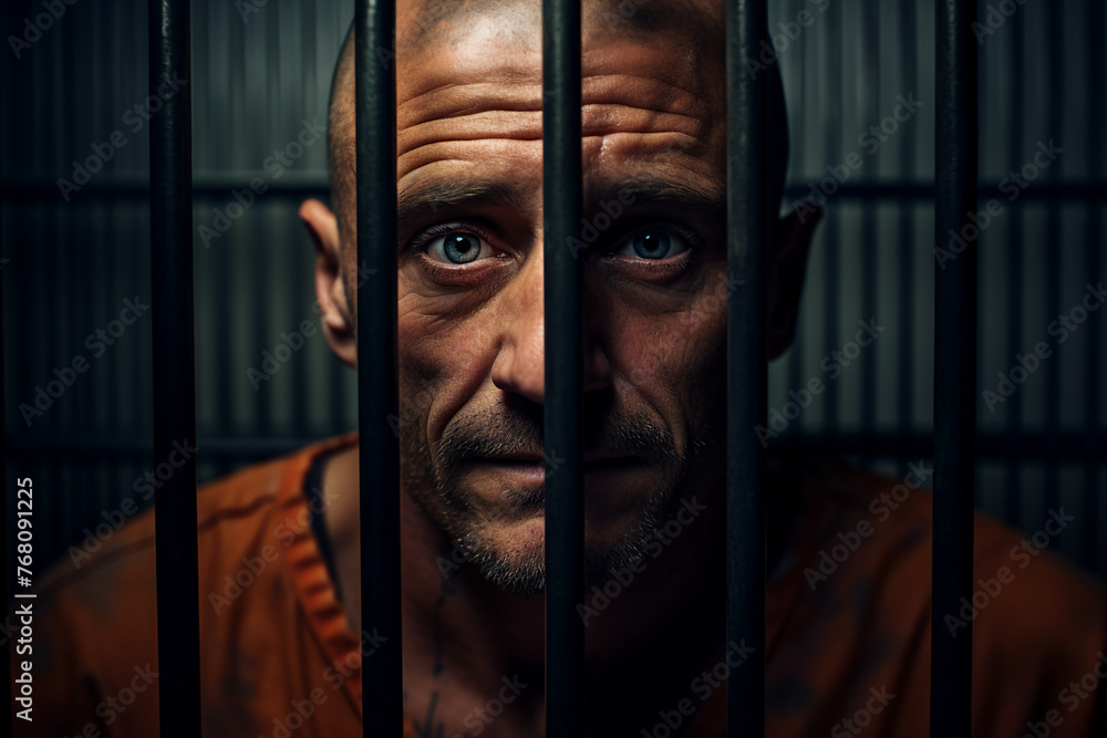 Criminals jailed in prison in orange uniform behind metal bars ...