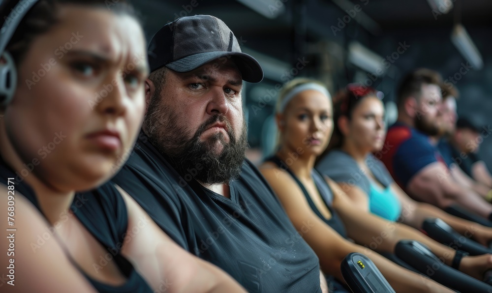 Group of fat or oversize people working out on treadmills at a gym ...