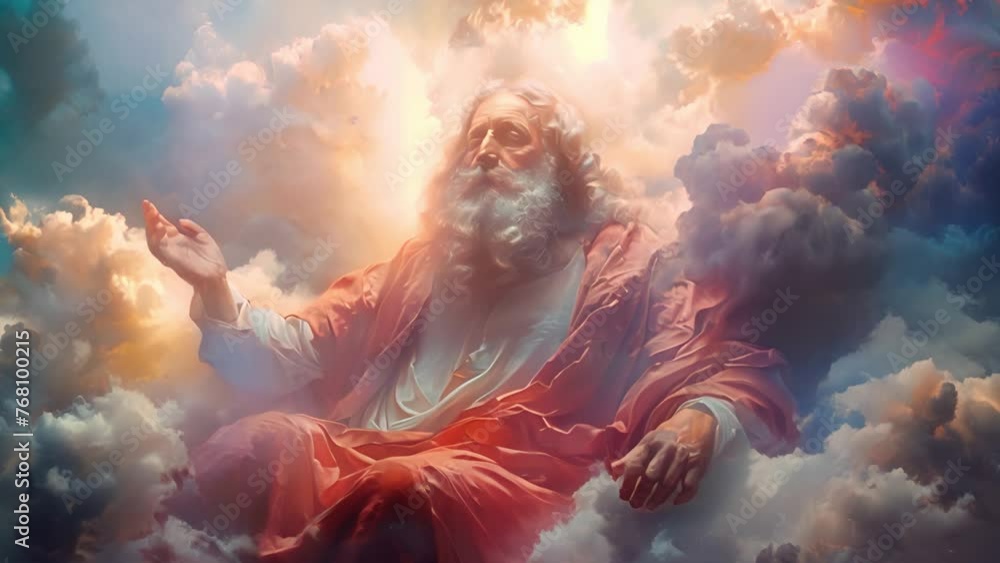 Saint Peter in white clouds of heaven. 4k video of saint Peter in heaven. Gate keeper of god ...