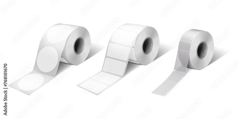 Label sticker roll. Vector mock-up set. Blank adhesive rectangular ...