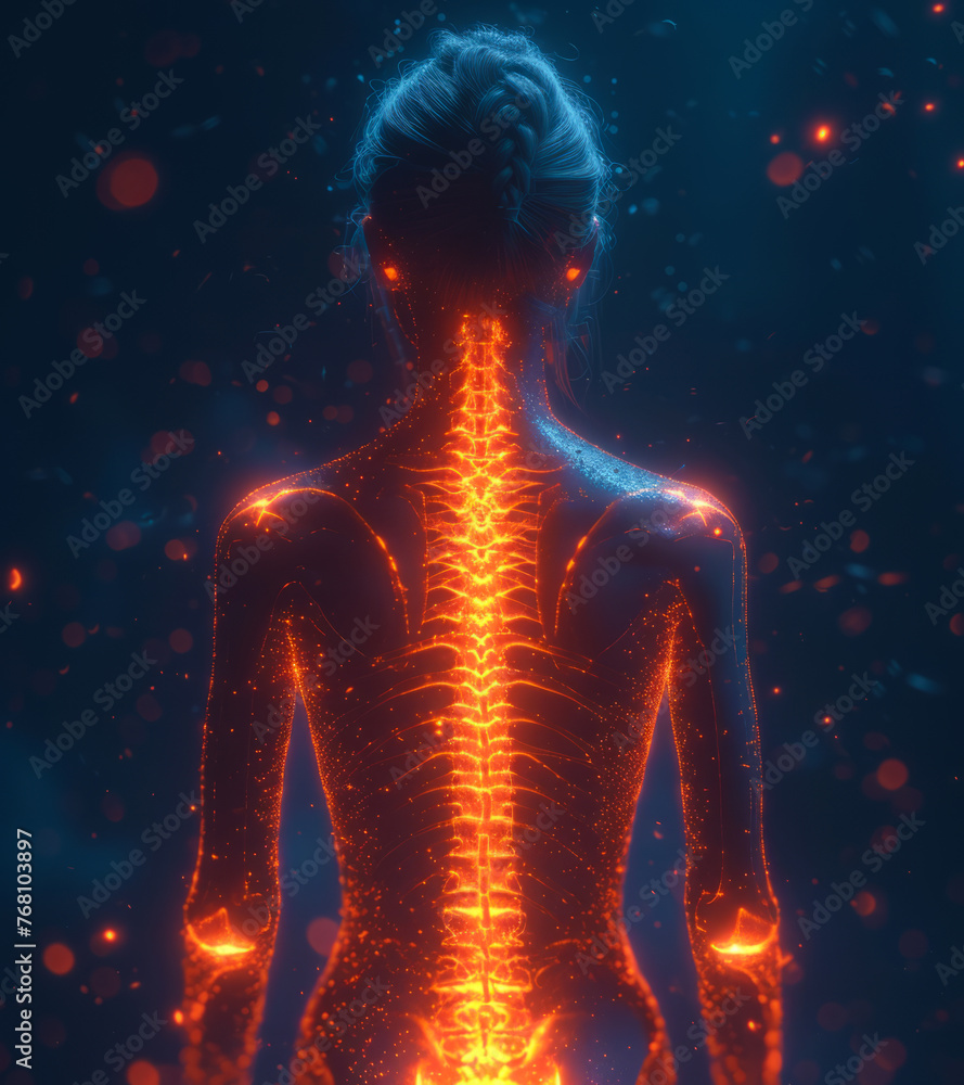 Human backache and back pain with upper torso body skeleton showing the ...