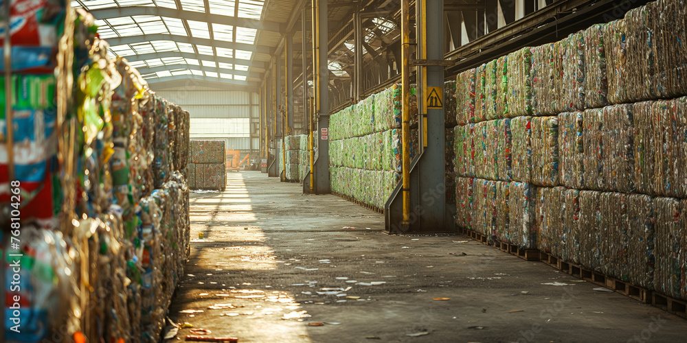 Recycling Facility Interior with Compressed Blocks of Plastic Waste ...