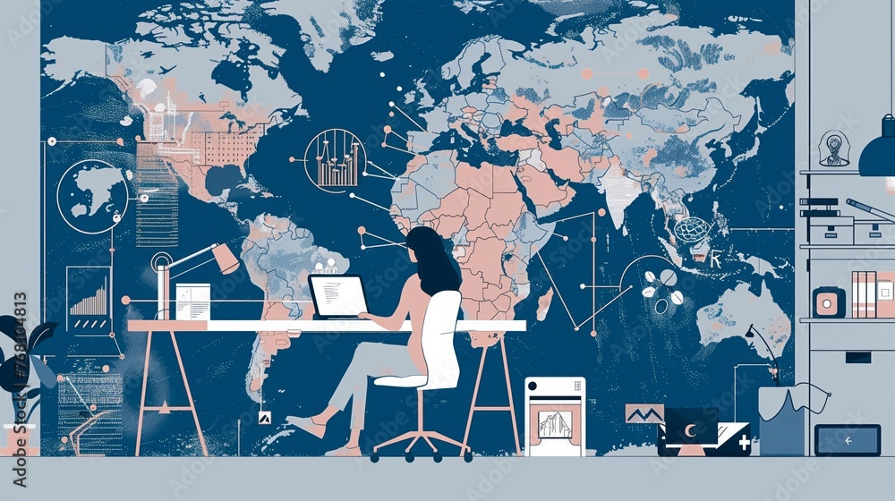 Modern Home Office with Digital World Map Projection Stock Illustration ...