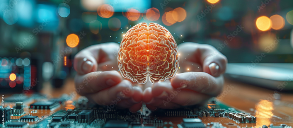 Artificial intelligence concept. Digital human brain chipset. Cyber ...