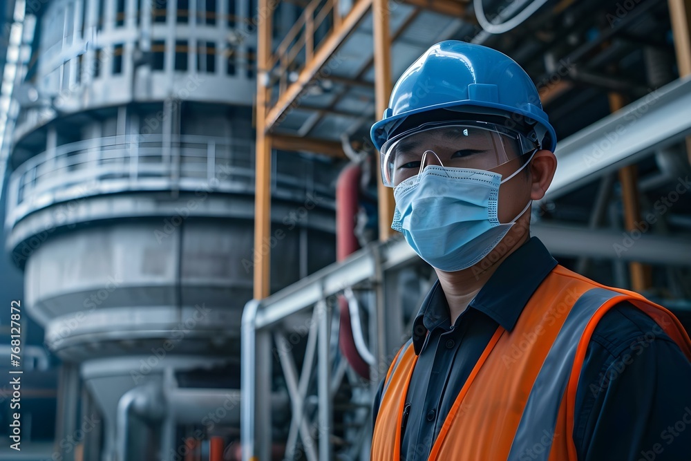 Engineer wearing mask inspects industrial cooling tower in large ...