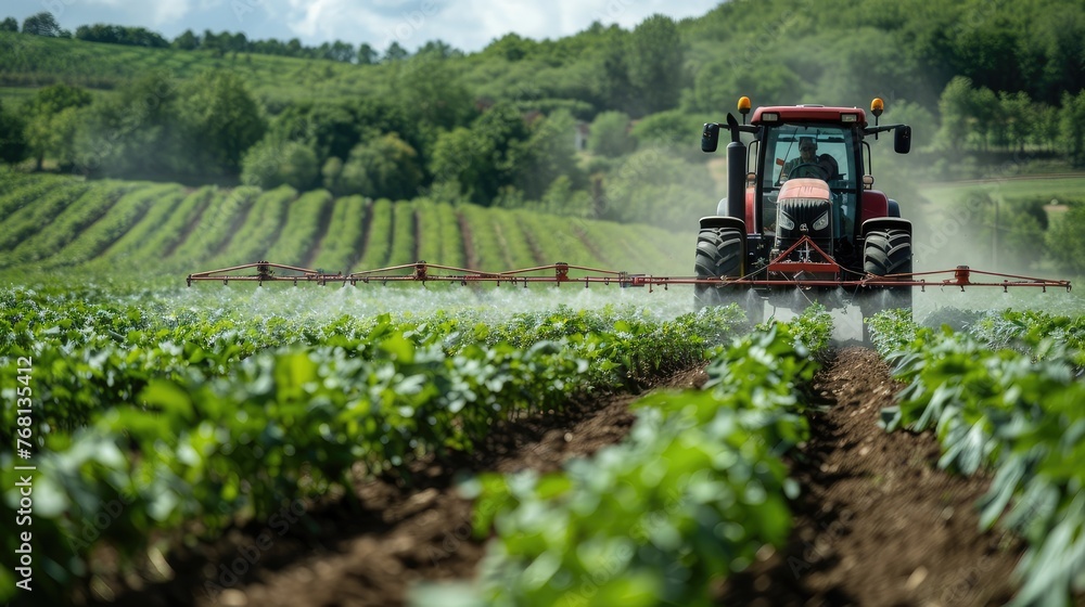 Crop care: Tractor sprays pesticides in springtime field. Vital ...