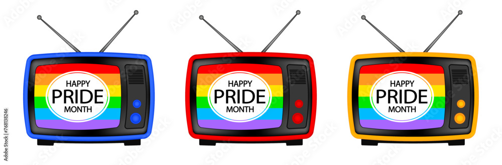 Retro tv screen with rainbow flag banner on it. Happy pride month. Love ...