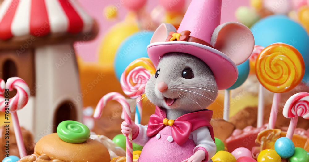 Cartoon cute mouse in the candy kingdom. Rat prince rodent in unusual ...