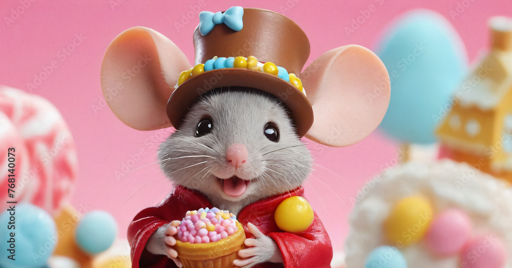 Cartoon cute mouse in the candy kingdom. Rat prince rodent in unusual ...
