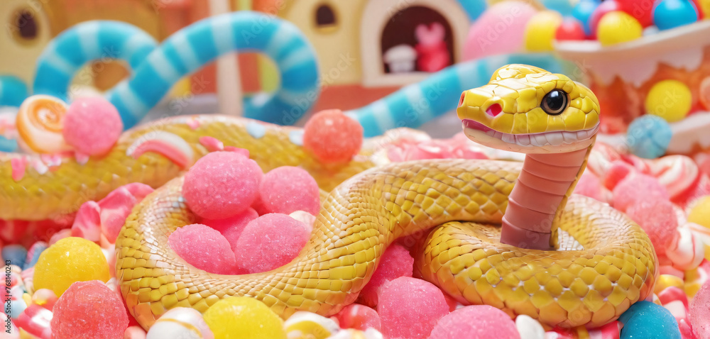 Cartoon cute snake reptile in the candy kingdom. A bright python prince ...