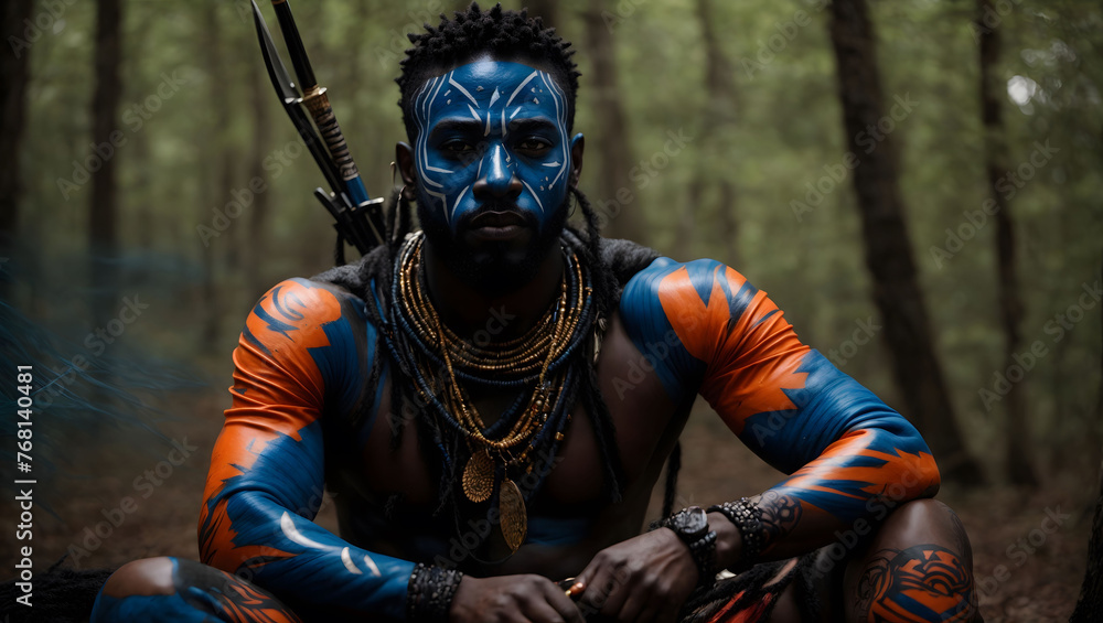 Tribal Hunter in Forest with Body Paint and Bow, sits amidst the forest ...