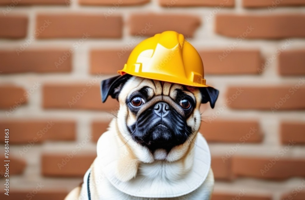 Funny pug with a construction helmet on his head against a background of bricks. A dog in a ...