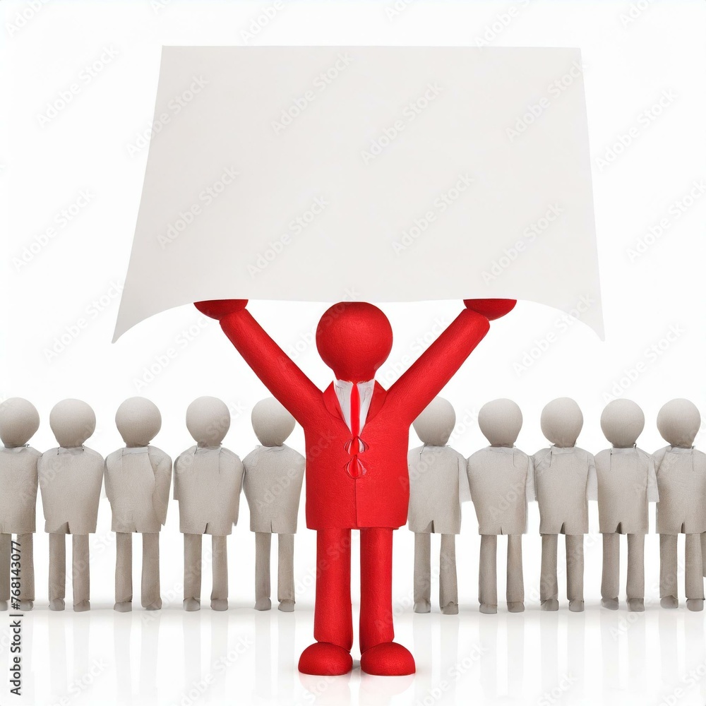 3D illustration of a red stick figure showing a white piece of paper to ...