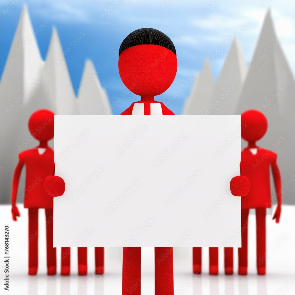 3D illustration of a red stick figure showing a white piece of paper to ...