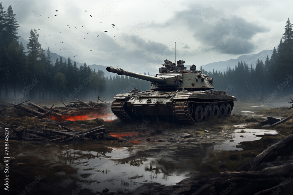 Tank on a battlefield. World War II. Third World War. War between ...