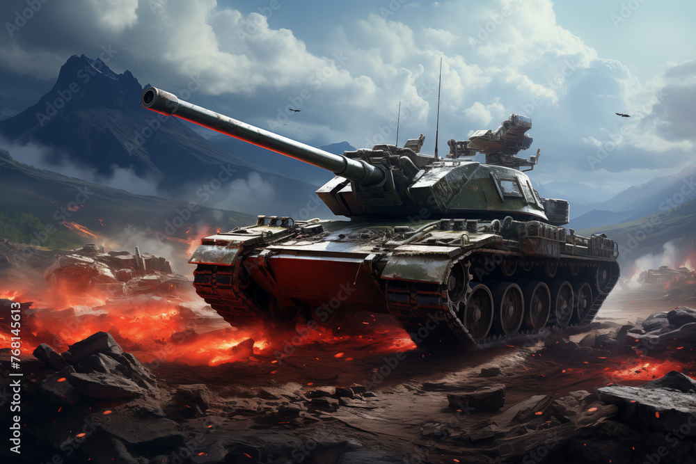 Tank on a battlefield. World War II. Third World War. War between ...