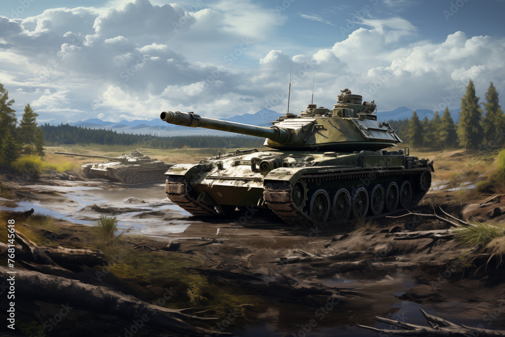 Tank on a battlefield. World War II. Third World War. War between ...
