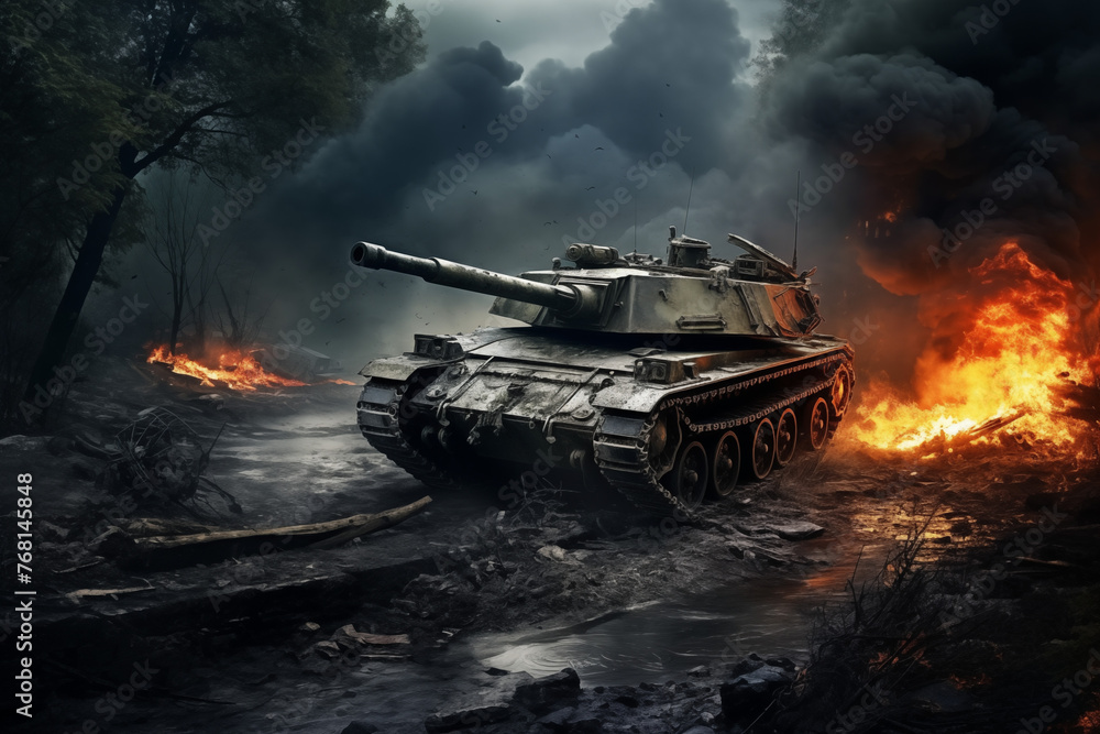 Tank on a battlefield. World War II. Third World War. War between ...