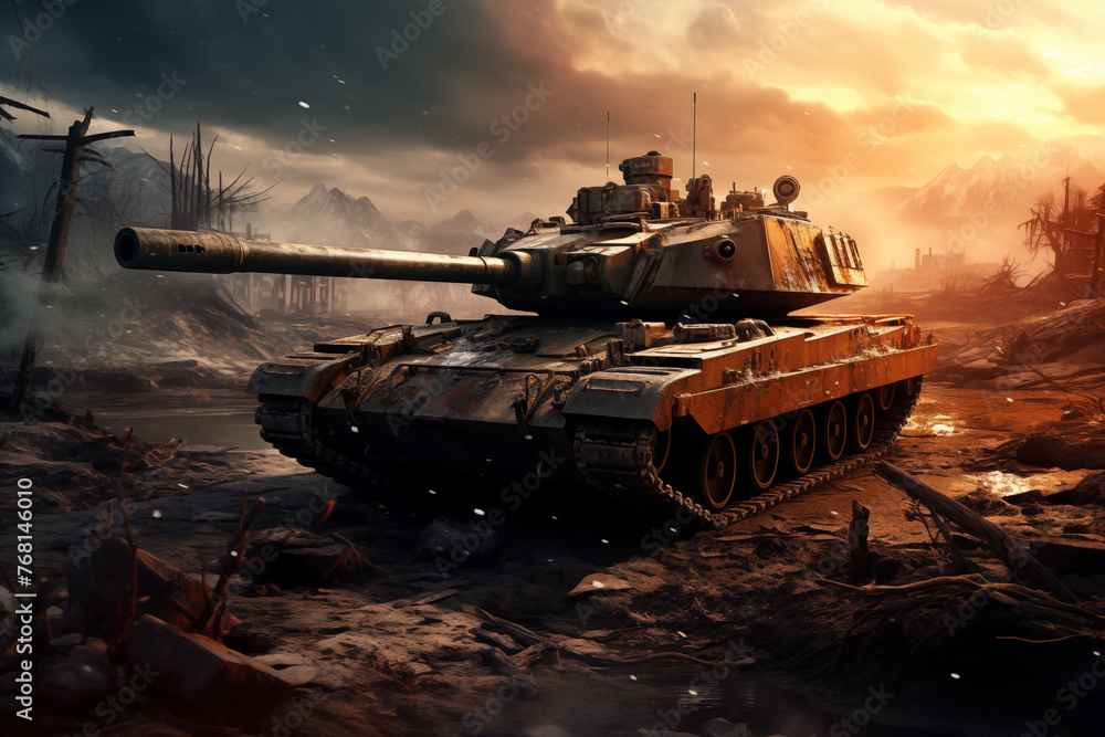 Tank on a battlefield. World War II. Third World War. War between ...