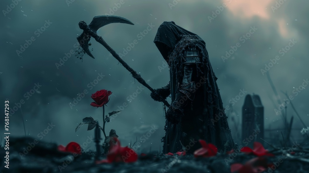 Knight with skull face with a scythe in armor at grave with red roses ...