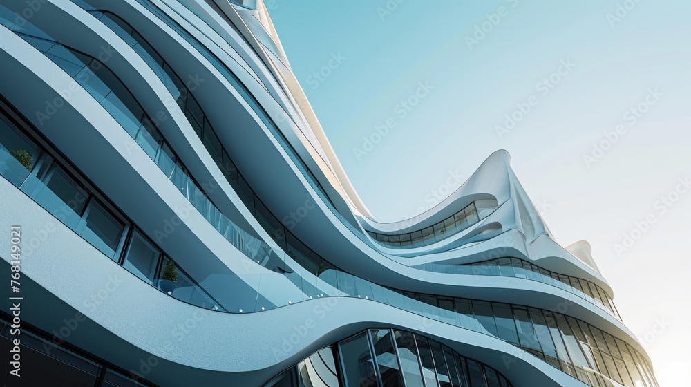 The highrise curved reflective architecture under the brightest clear ...