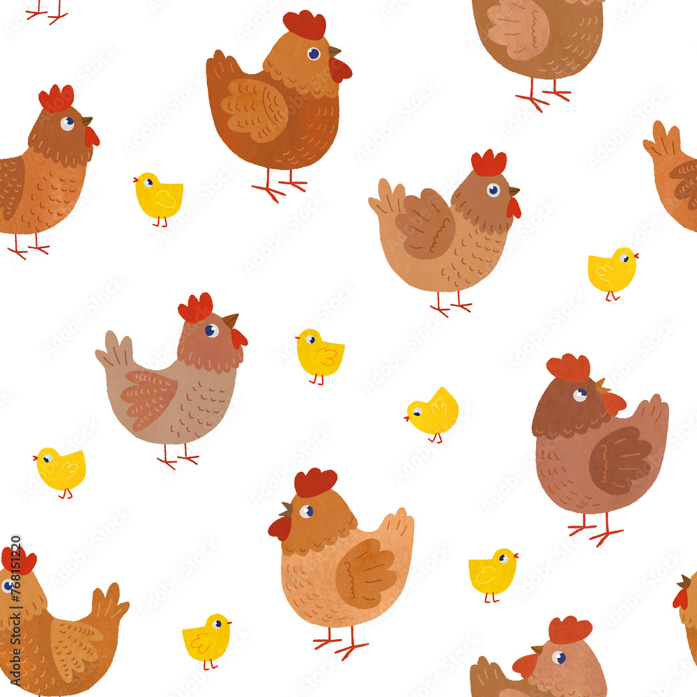 Chicken seamless pattern. Cute cartoon style children illustration with ...