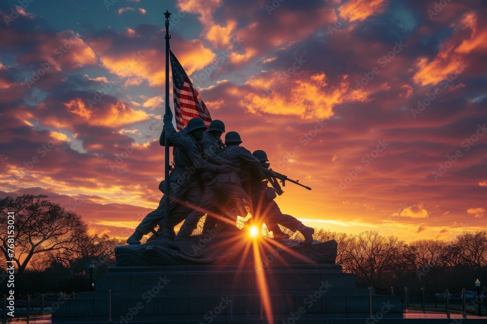 A group of soldiers stands on top of a monument, displaying unity and ...