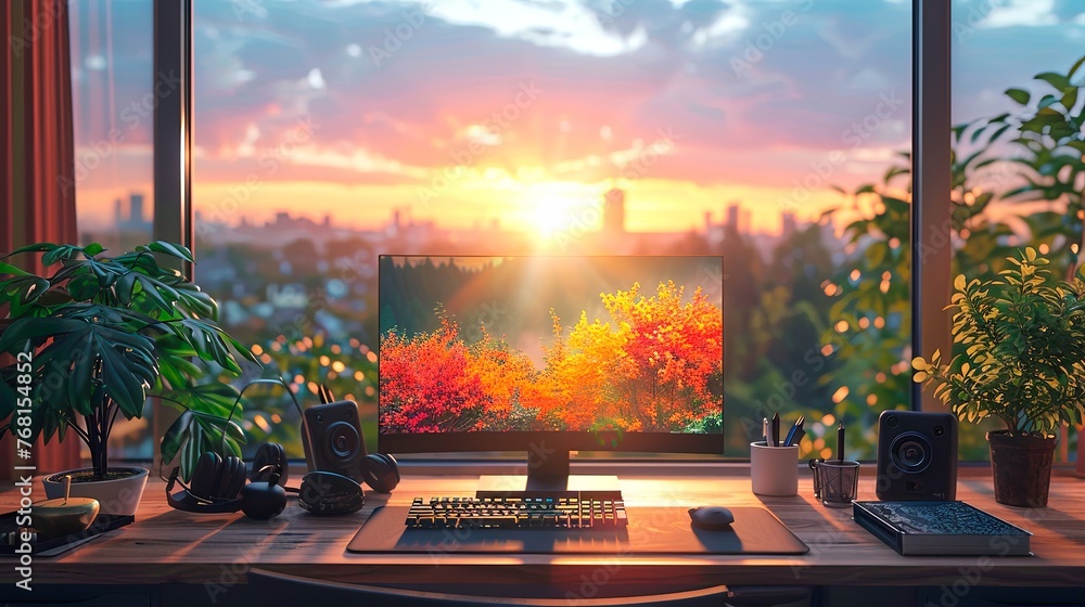Interior of office at home setup with computer with desk and chair with ...