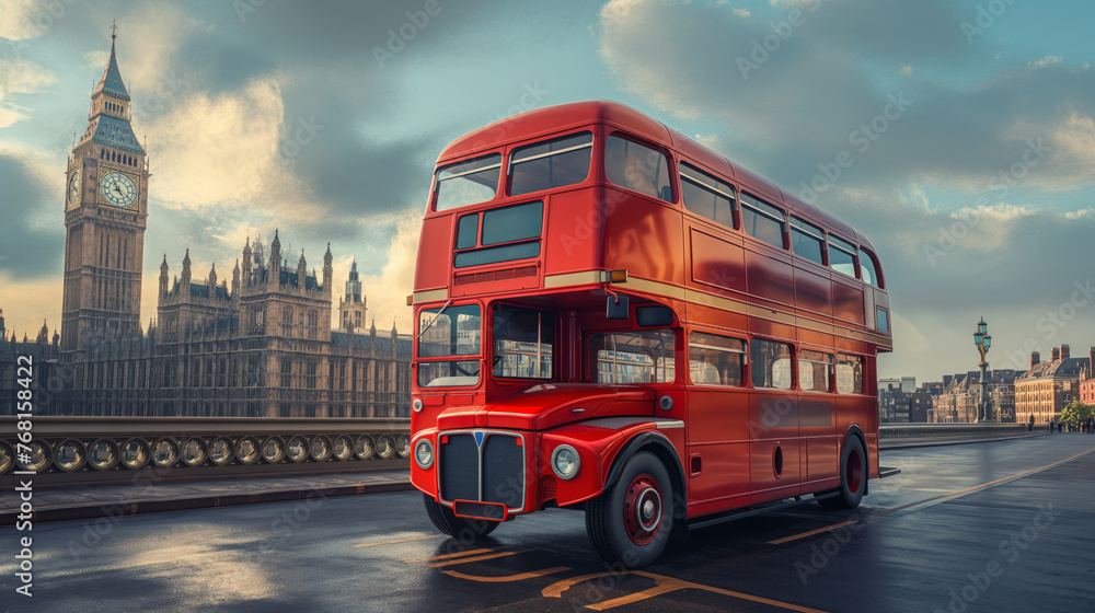 Classic red bus on bridge with the iconic big ben in the background at ...