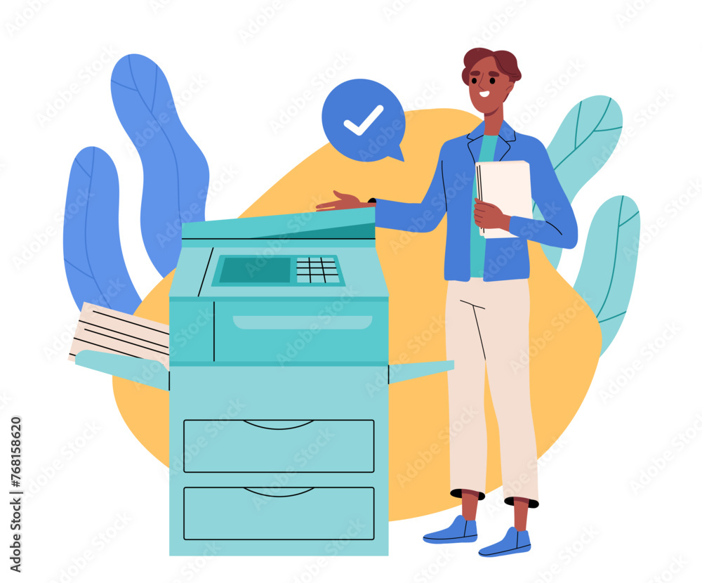 Man with printer. Young guy at workplace with apparatus for scanning ...