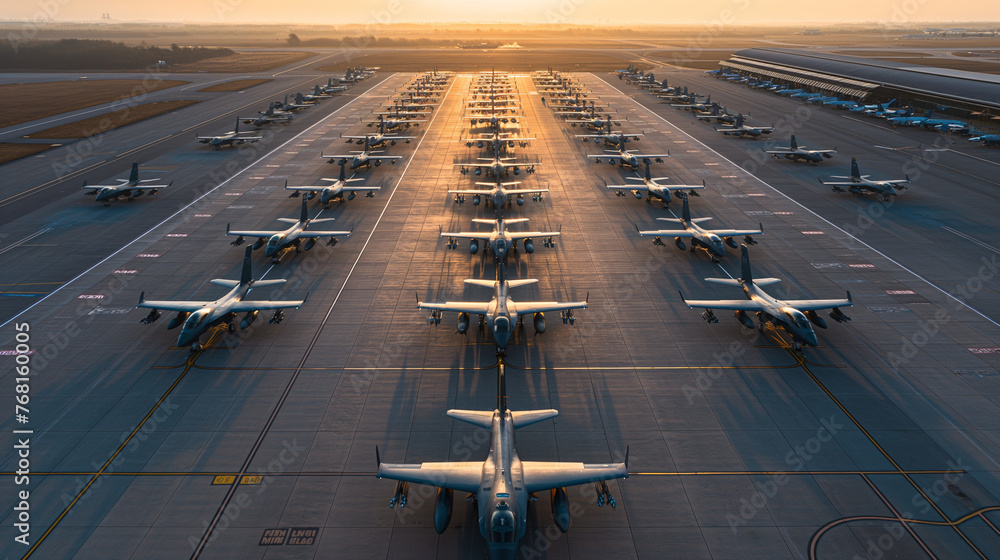 High above the ground, a vast military airfield comes into view, with ...