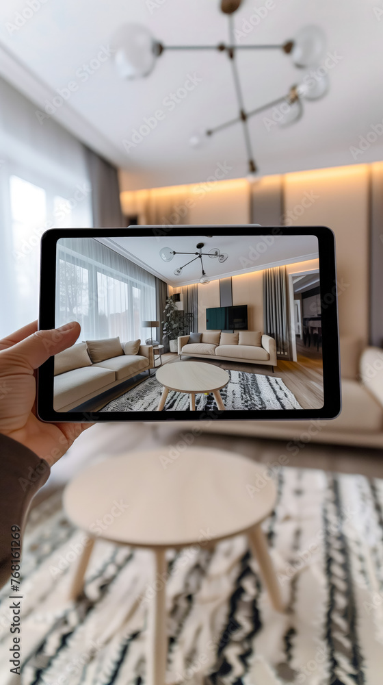 First person view, a person uses a phone with augmented reality ...