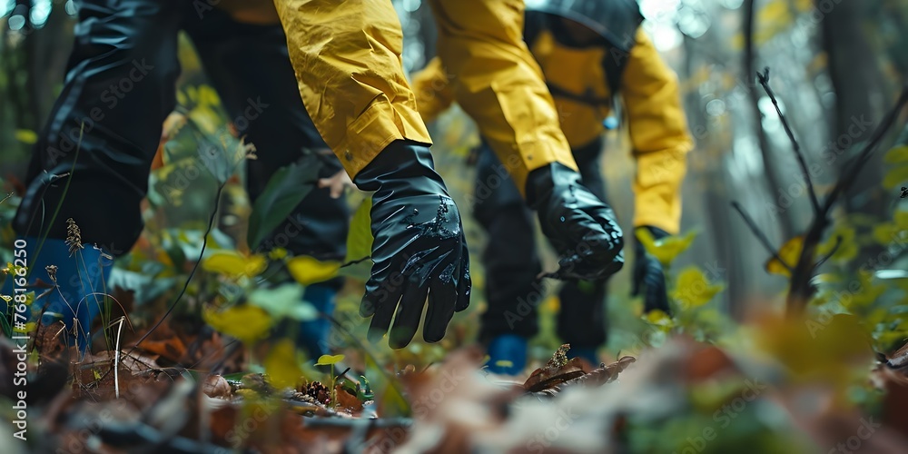 Police officers gather evidence at a crime scene in the woods. Concept ... Police officers gather evidence at a crime scene in the woods. Concept ...