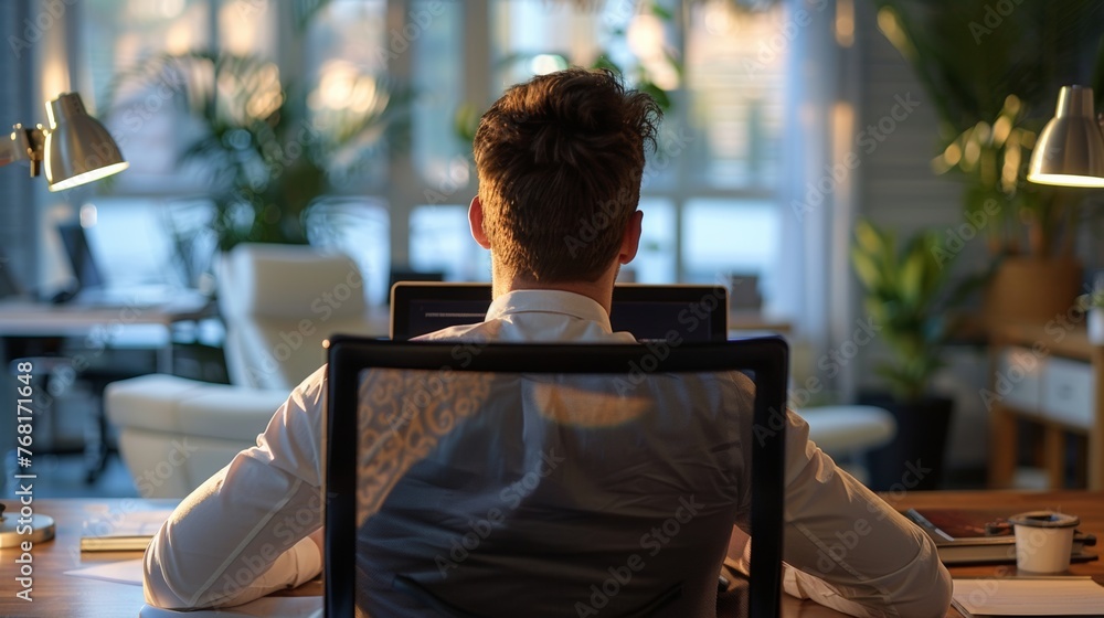 Back view image of a focused businessman working on his work on his ...