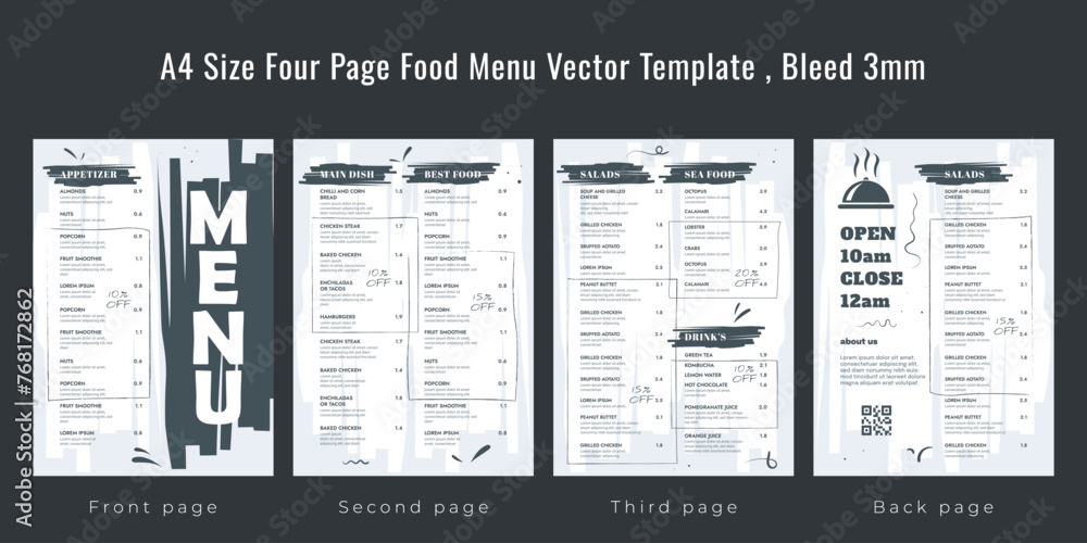 Vecteur Stock Restaurant cafe menu, template design, A4 size four page ...