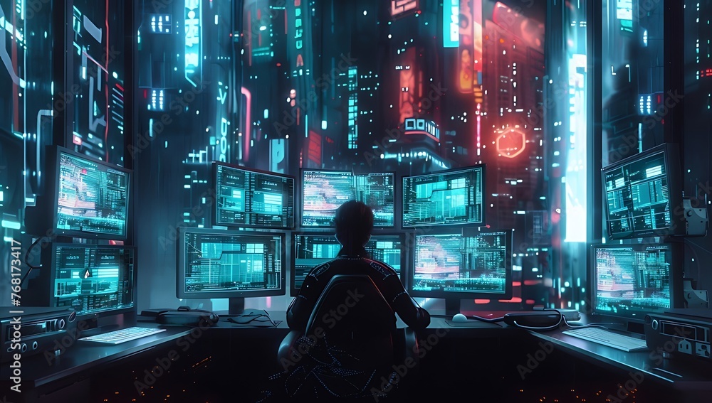 Business person seated at a desk surrounded by screens filled with ...