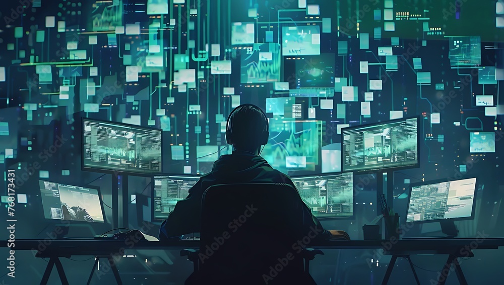 Business person seated at a desk surrounded by screens filled with ...