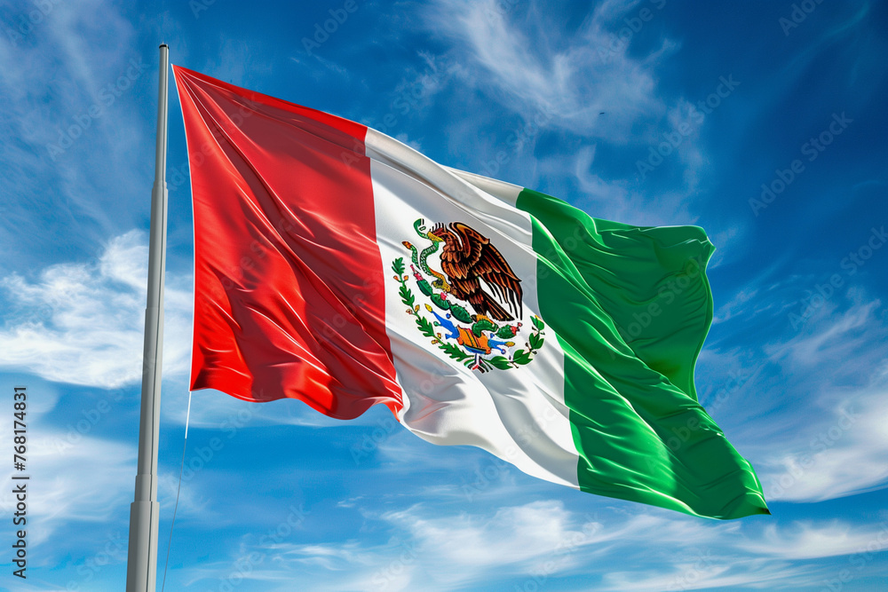 A flag of Mexico is flying high in the sky. The flag is red, white, and ...