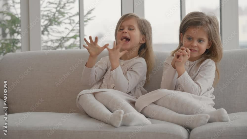 Two children twins playing at home. Happy cheerful mischievous little ...