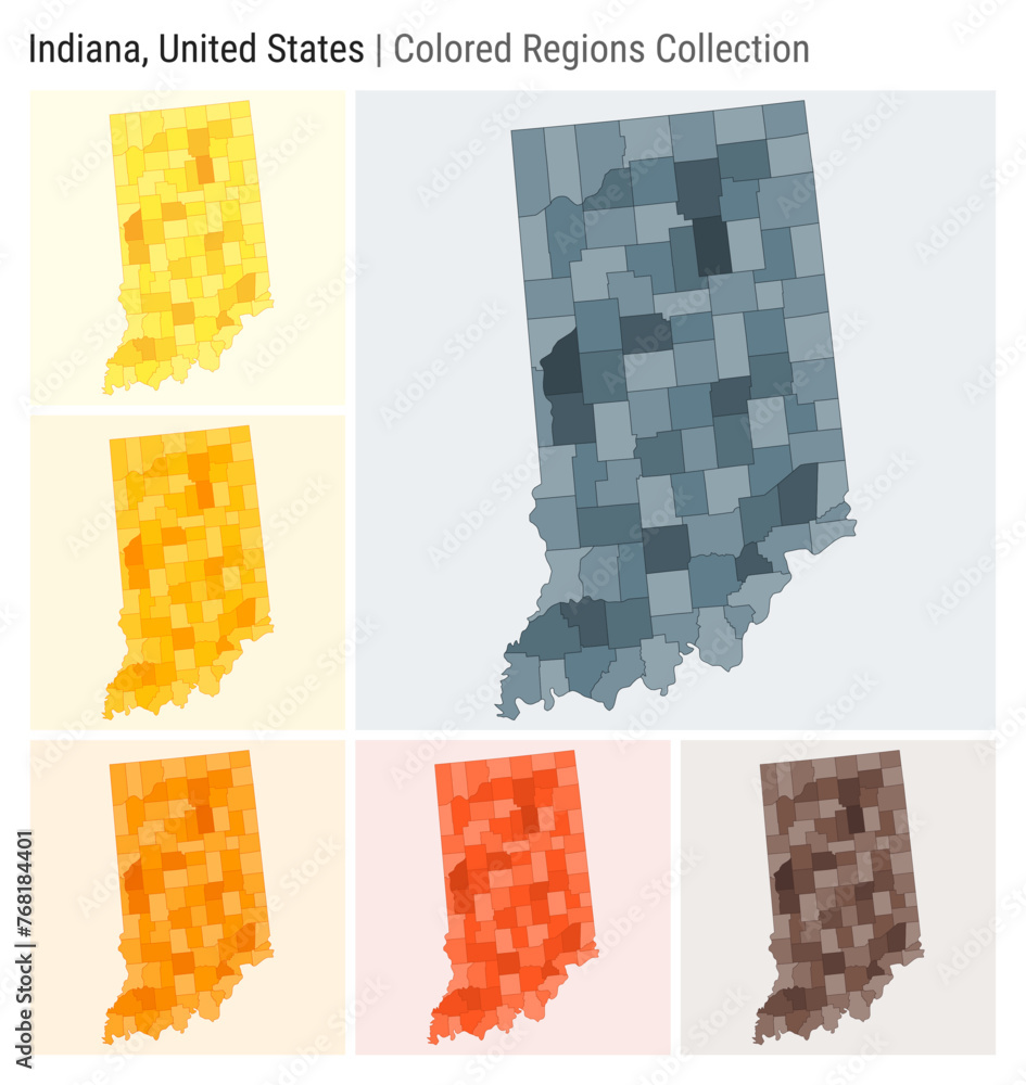 Indiana, United States. Map collection. State shape. Colored counties ...