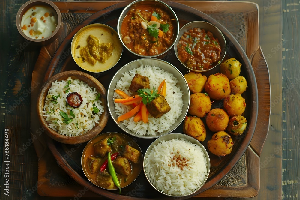 Indian vegetarian food platter with paneer dal chole kofta gulab jamun ...