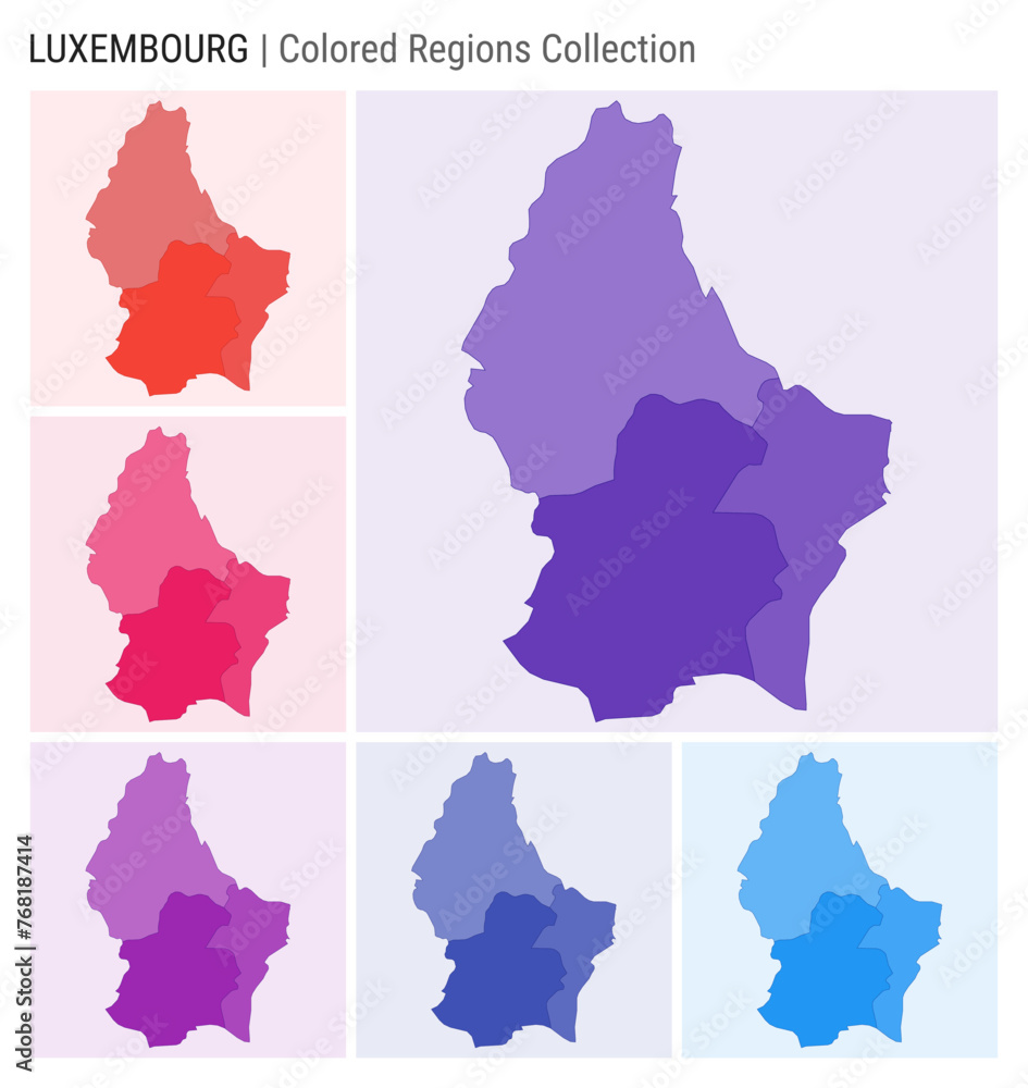 Luxembourg map collection. Country shape with colored regions. Deep ...