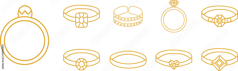 Golden Diamond engagement ring vector icons set isolated outline icon ...