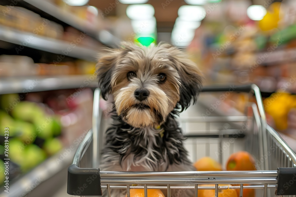 Cute dog sitting in a grocery store shopping cart with a blurred ...